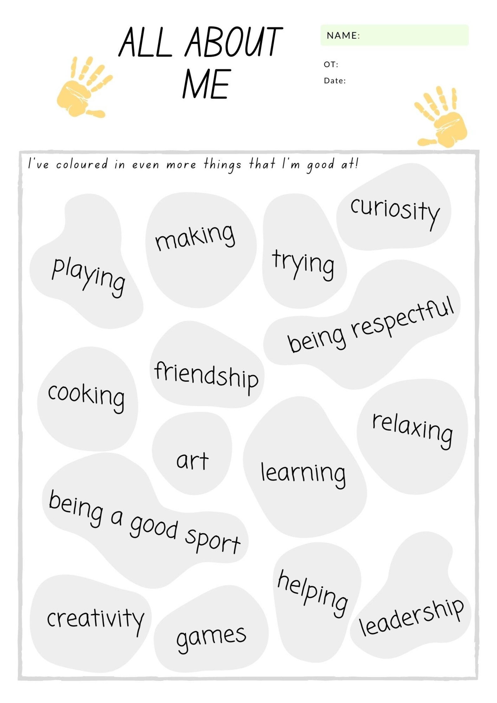 About Me Tools, Strengths, Skills, Relationships, Self Regulation ...