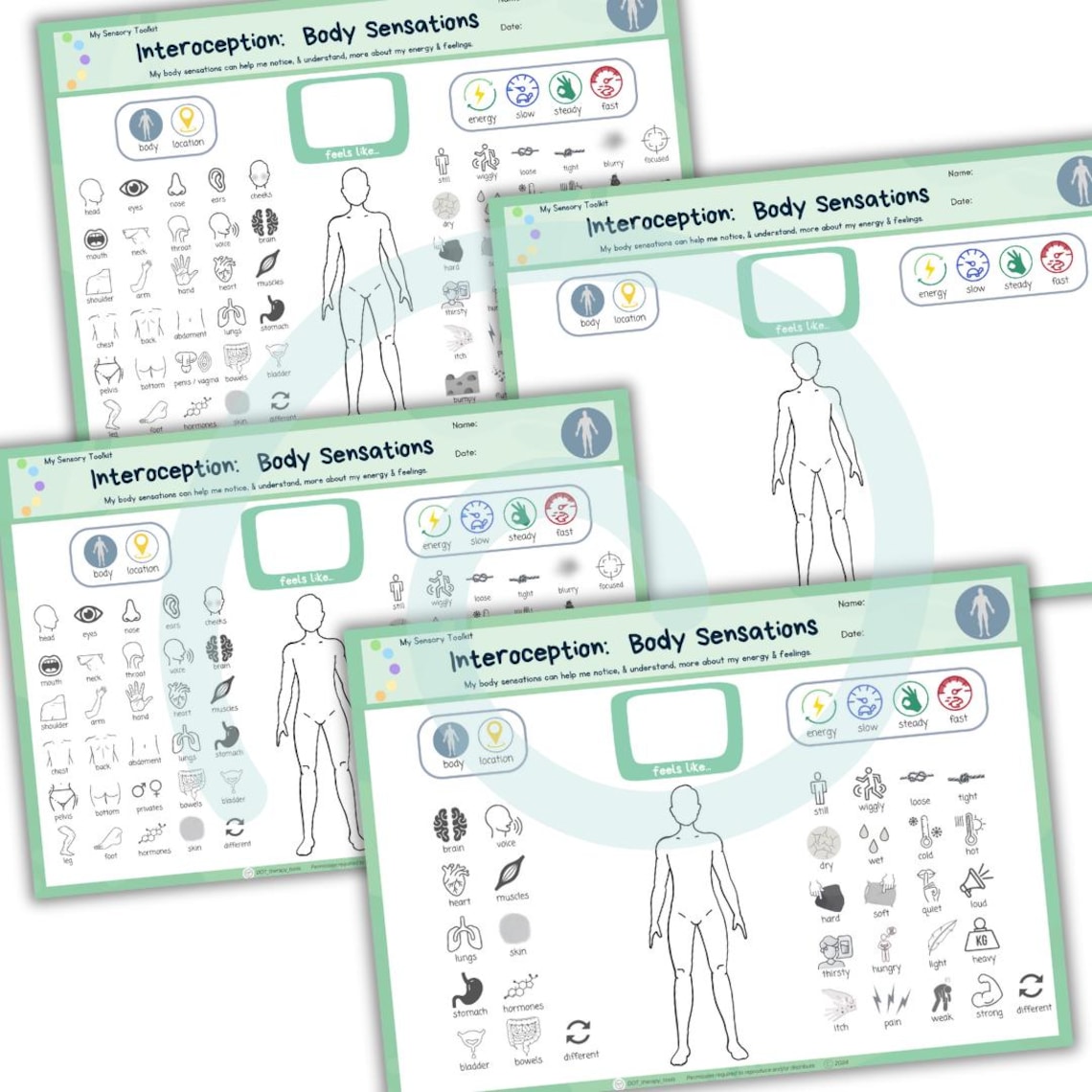 Body Sensations: Learning Worksheets, Cues, Energy, Interoception, Self ...