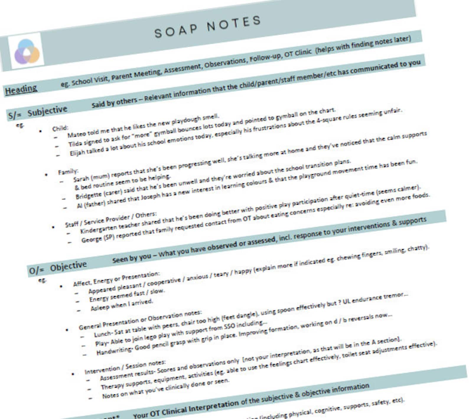 OT Progress Notes, Performance Skills, SOAP Notes, Children, Paediatric ...