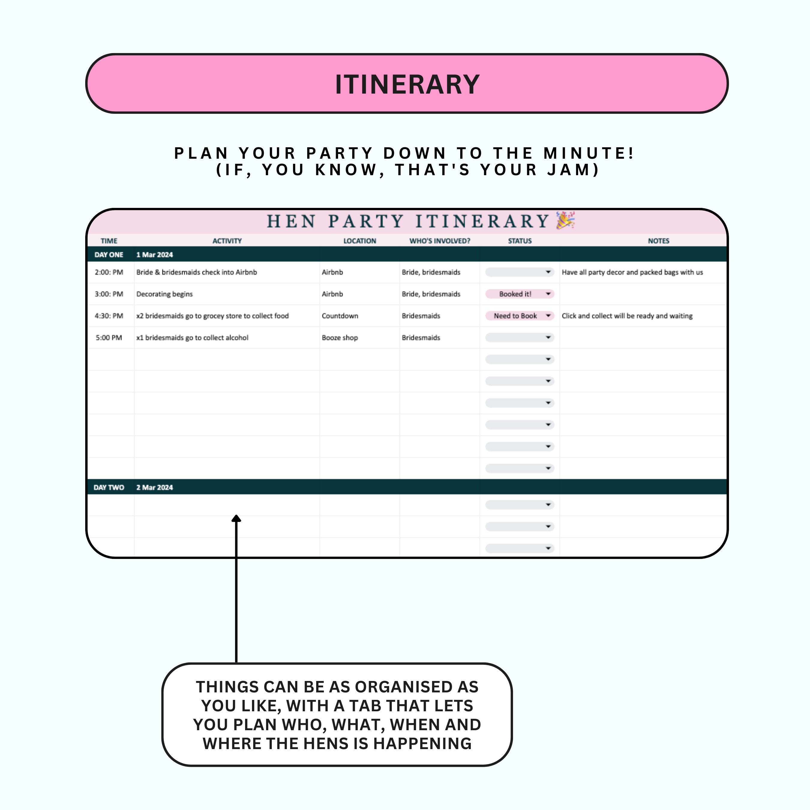 All-in-one Hen Party Planner Spreadsheet Bachelorette Party Organiser ...