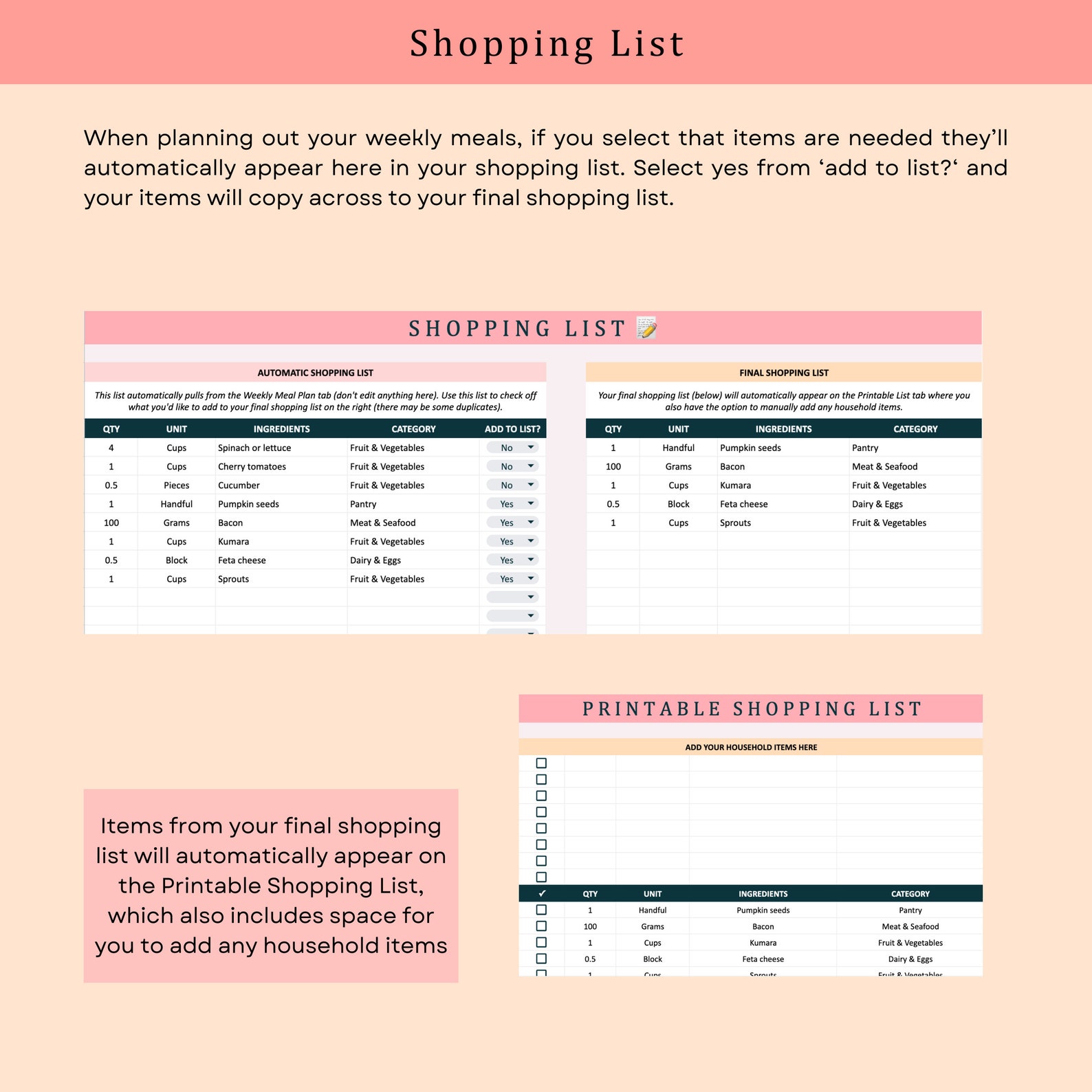 Weekly Meal Planner Spreadsheet | Recipe Spreadsheet | Automated ...