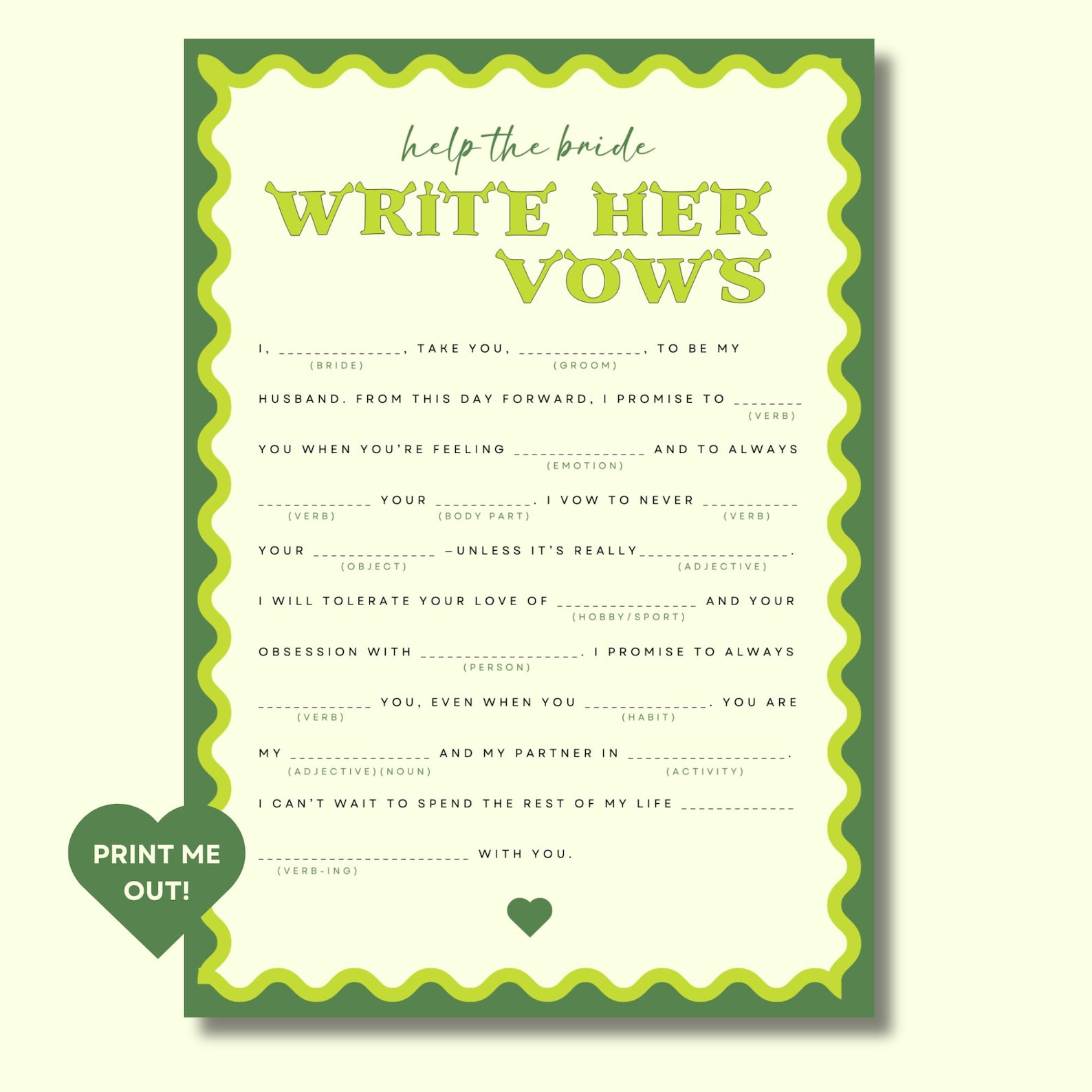 Bachelorette Write Her Vows Game | Shrek Theme | Bachelorette Printable ...