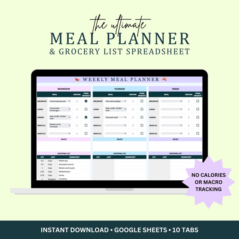 Weekly Meal Planner Spreadsheet | Recipe Spreadsheet | Automated ...