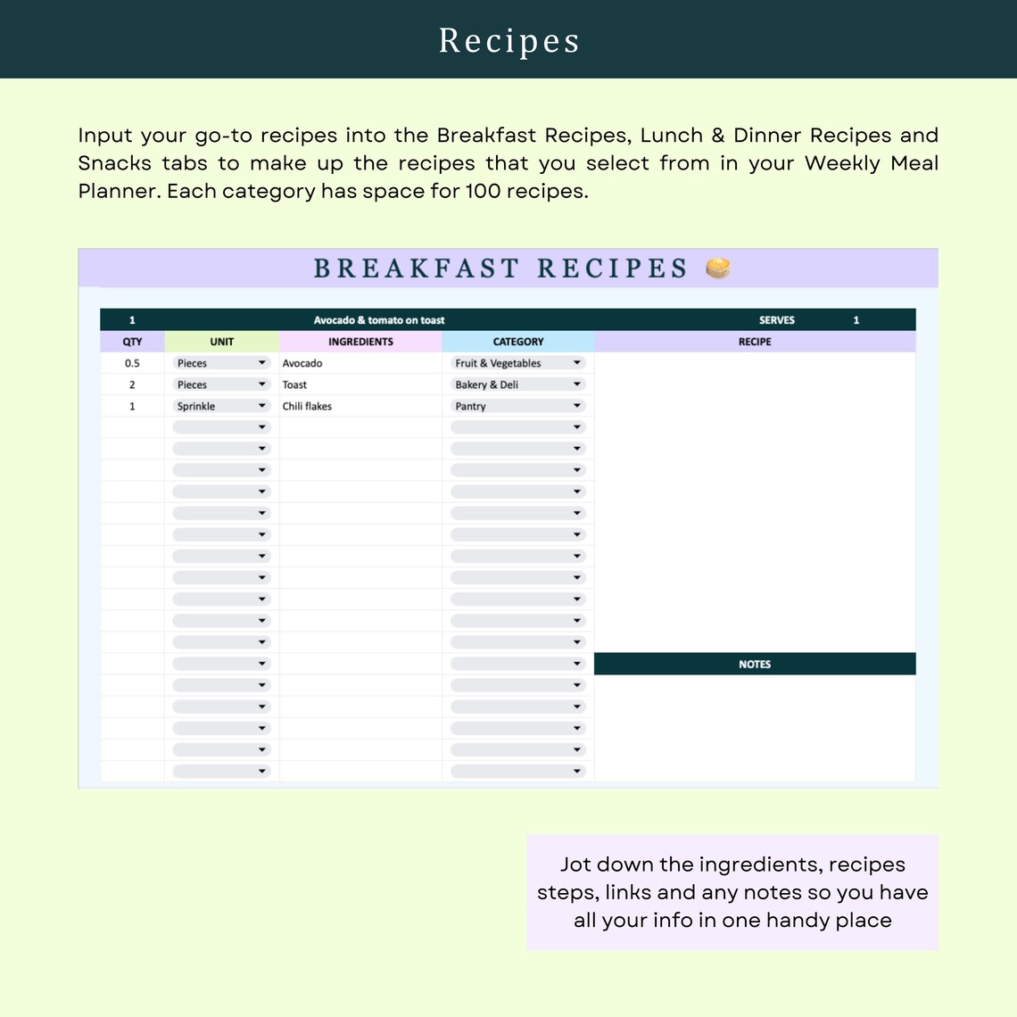 Weekly Meal Planner Spreadsheet | Recipe Spreadsheet | Automated ...