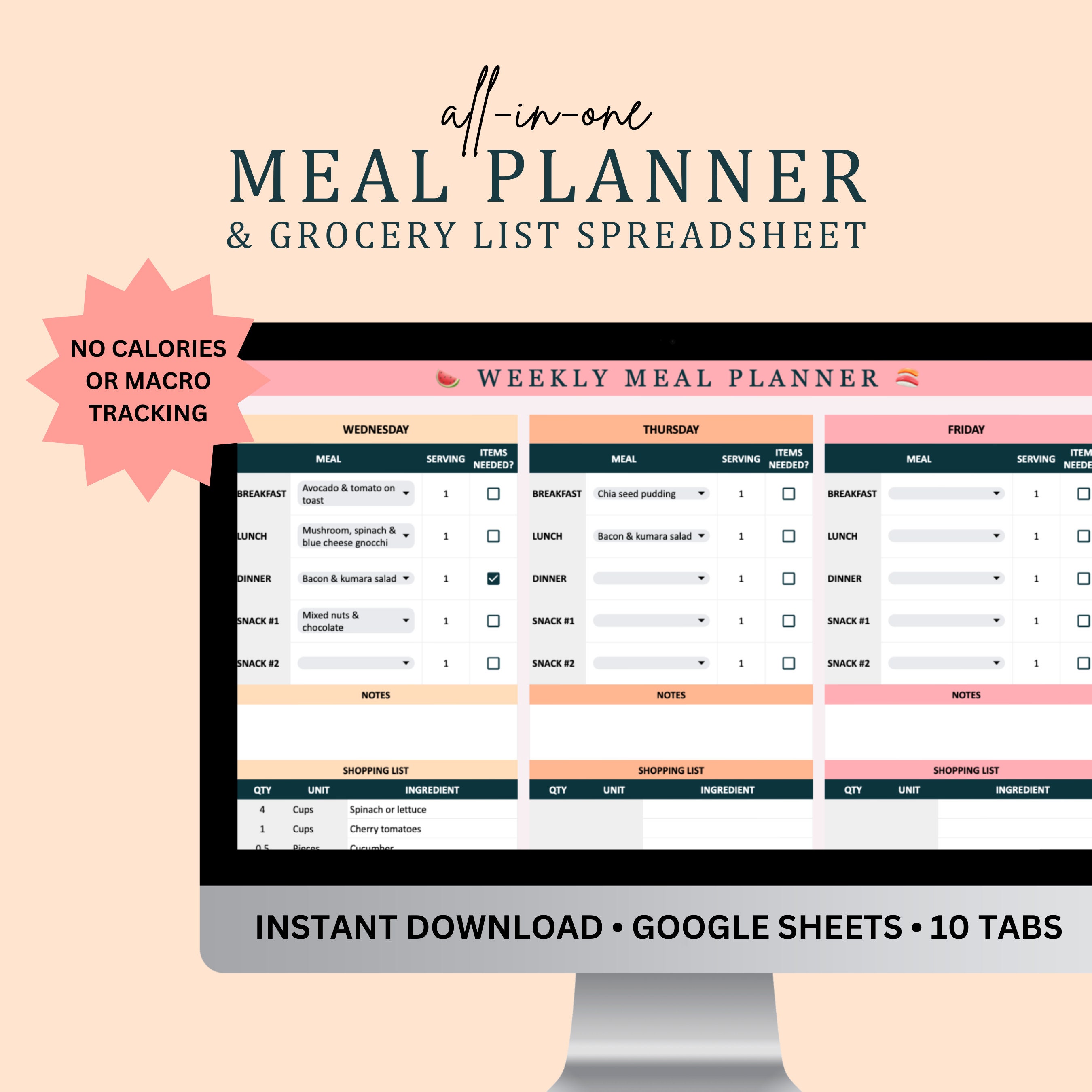 Weekly Meal Planner Spreadsheet | Recipe Spreadsheet | Automated ...
