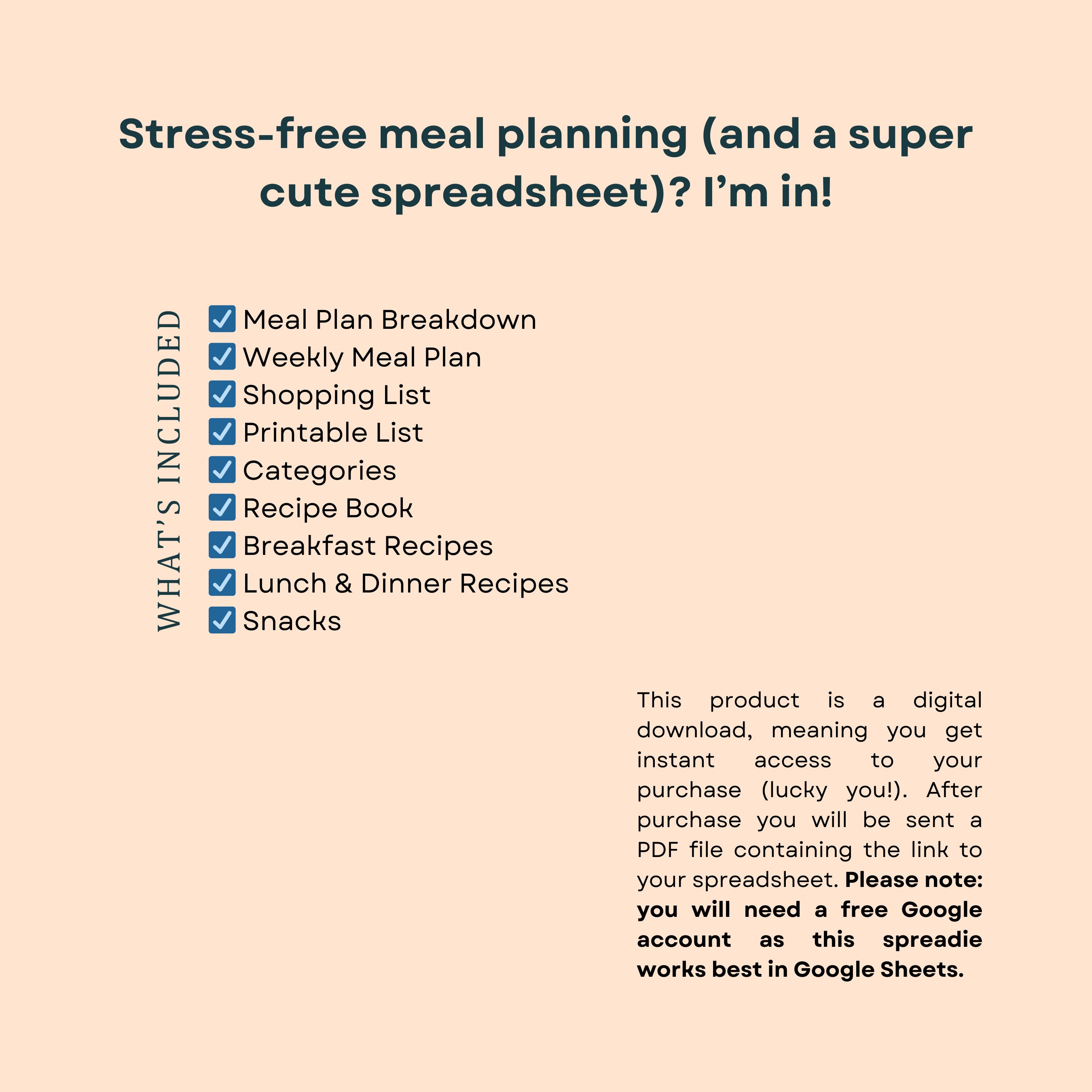 Weekly Meal Planner Spreadsheet | Recipe Spreadsheet | Automated ...