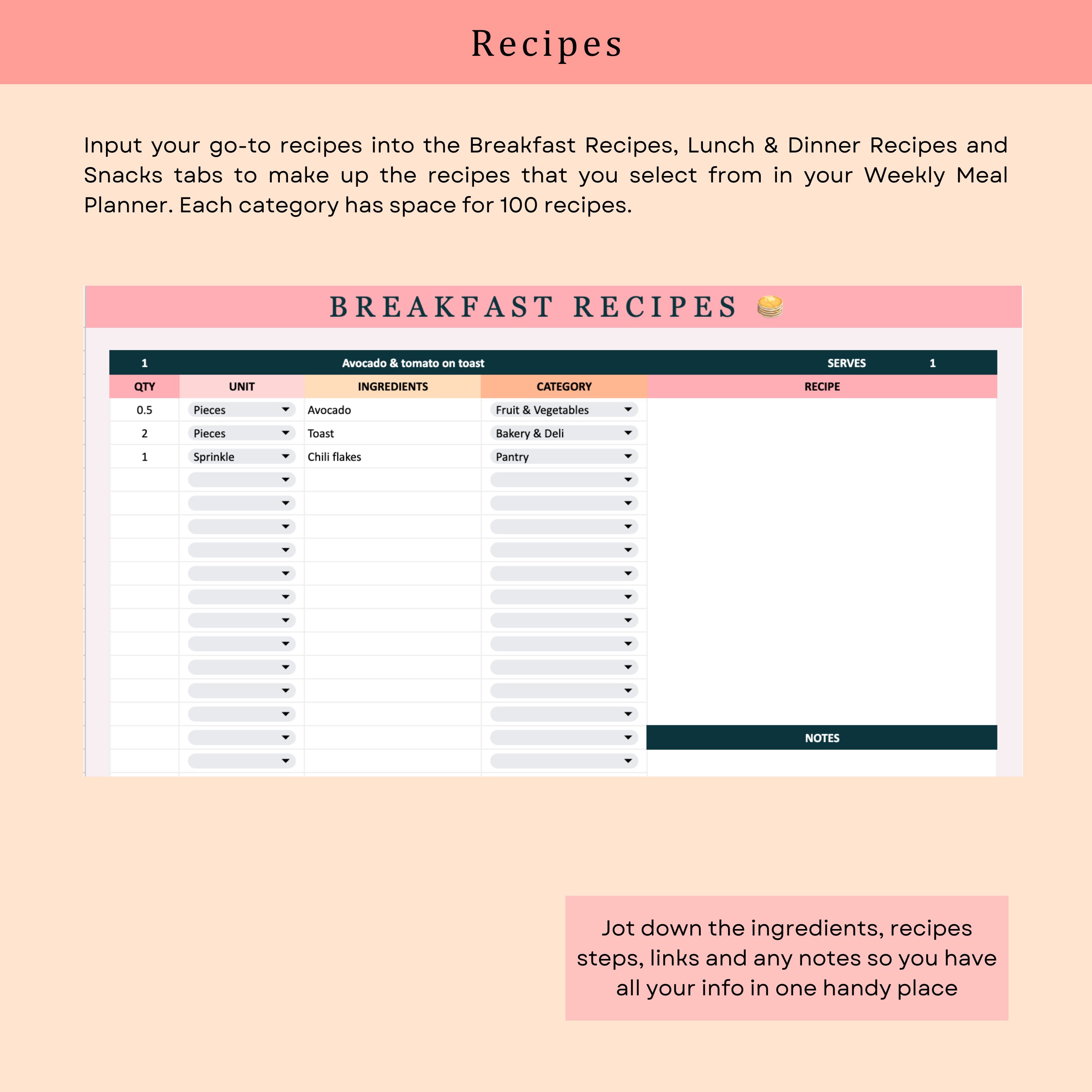 Weekly Meal Planner Spreadsheet | Recipe Spreadsheet | Automated ...