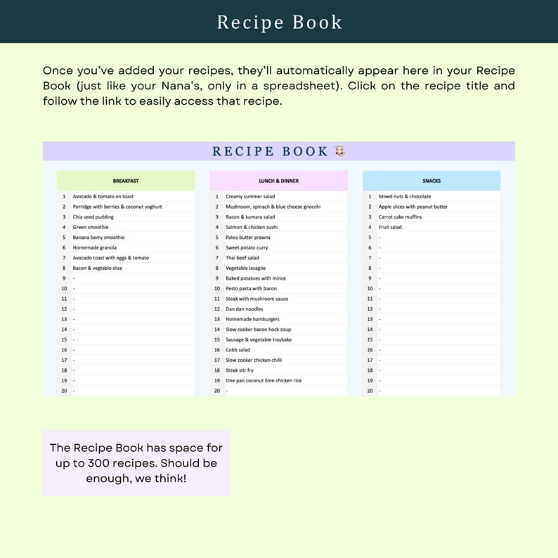 Weekly Meal Planner Spreadsheet | Recipe Spreadsheet | Automated ...