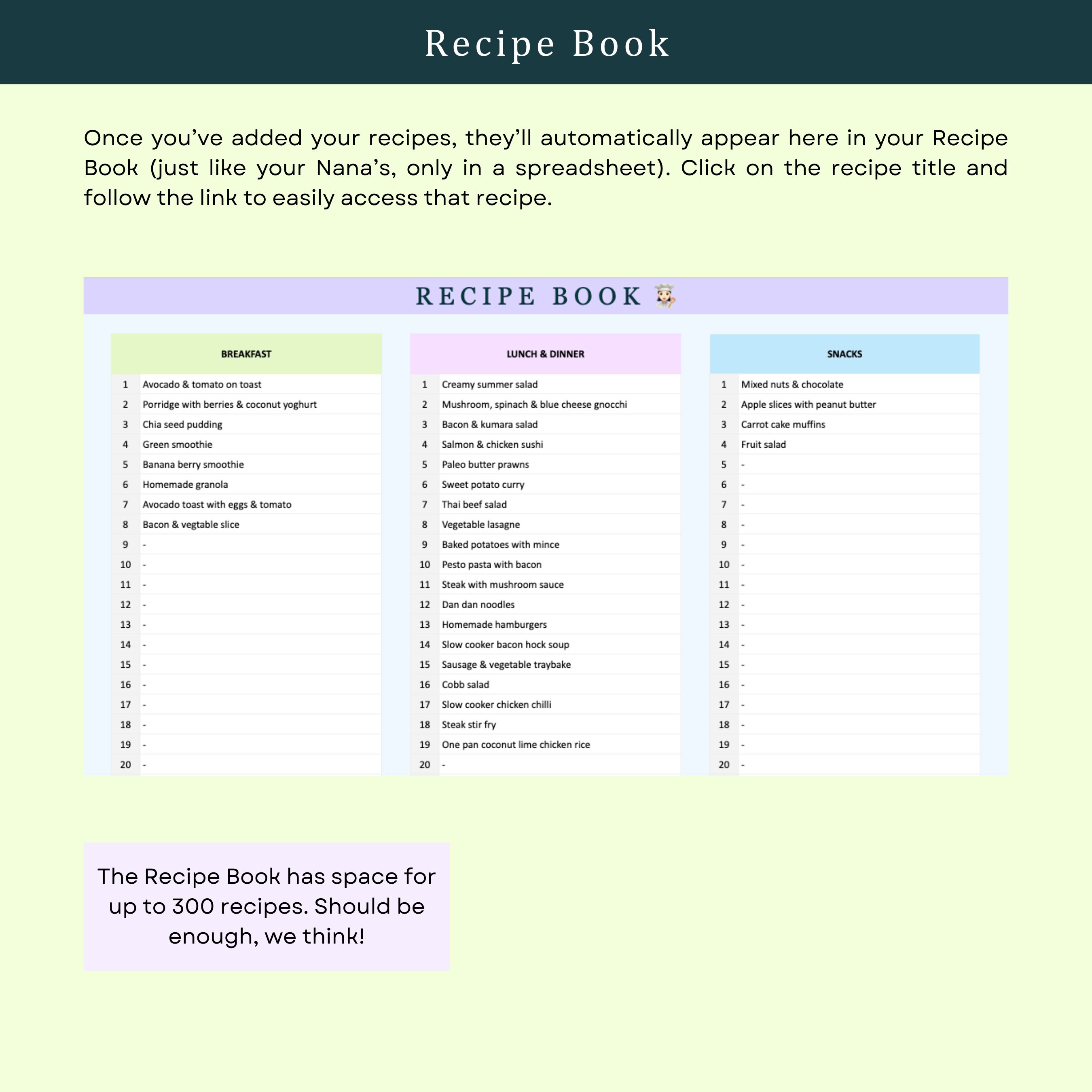 Weekly Meal Planner Spreadsheet | Recipe Spreadsheet | Automated ...