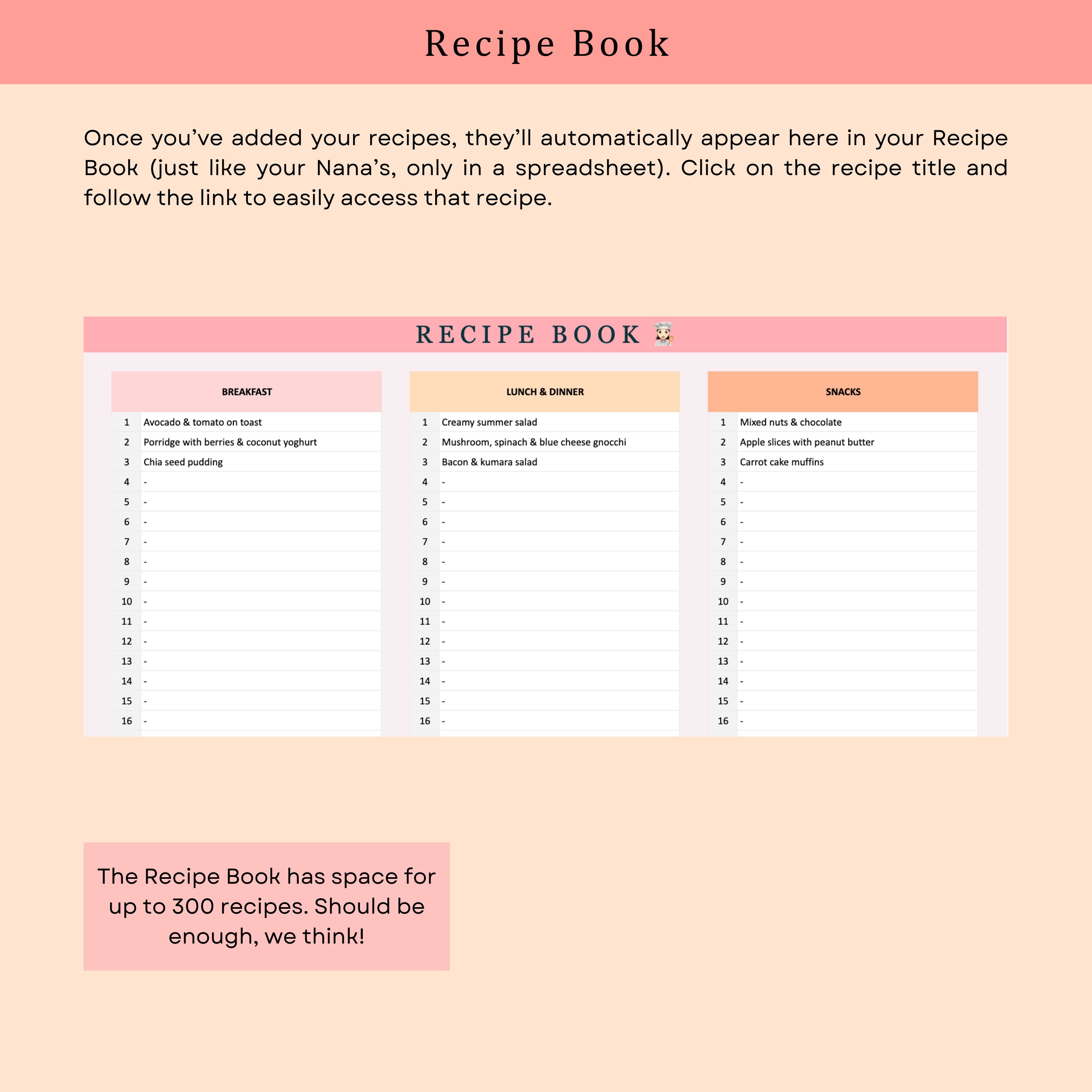 Weekly Meal Planner Spreadsheet | Recipe Spreadsheet | Automated ...