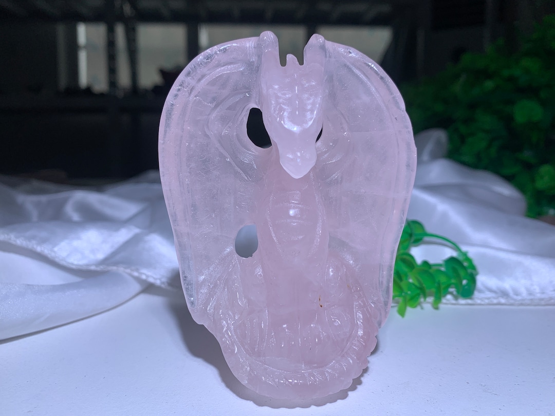 3.9 Natural Pink Rose Quartz Dragon, Quartz Crystal Dragon Skull ...
