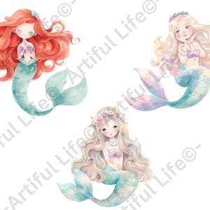 Cute Watercolor Mermaid Clipart Bundle | Cute Mermaids PNG | Cute ...