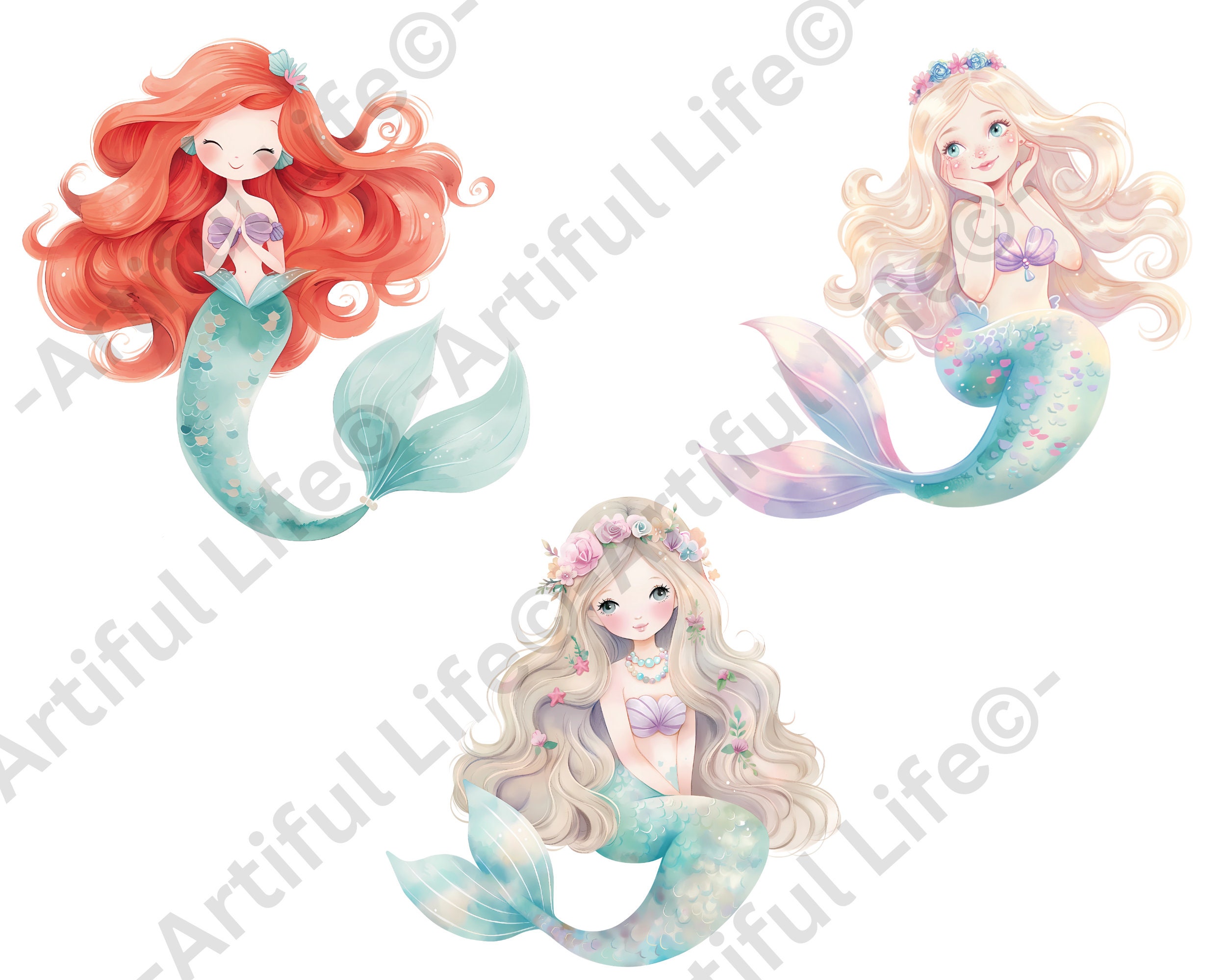 Cute Watercolor Mermaid Clipart Bundle | Cute Mermaids PNG | Cute ...