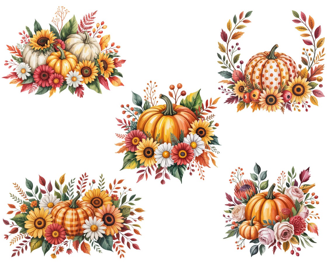 120 Watercolor Floral Pumpkin PNG | Autumn Clipart | Watercolor Pumpkin ...