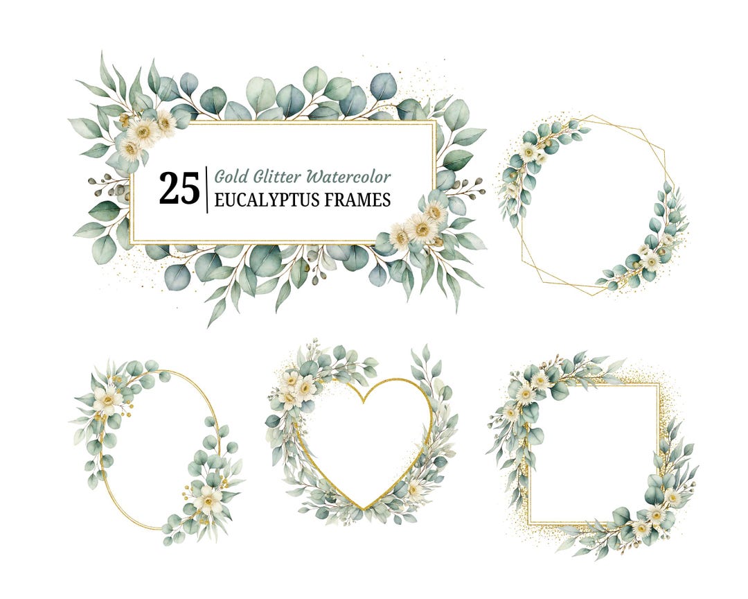 25 Eucalyptus Frames Clipart | Gold Glitter Watercolor Eucalyptus ...