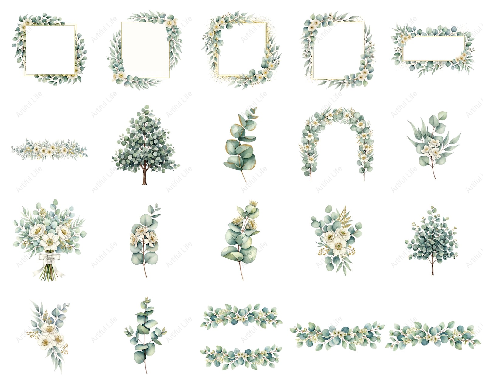 130 PNG Gold Glitter Watercolor Eucalyptus Clipart Bundle | Eucalyptus ...