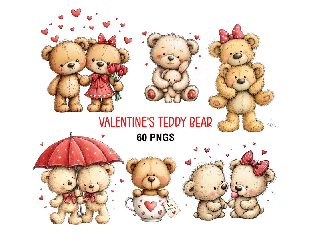 60 Teddy Bear Valentine's Day Clipart PNG | Love Graphics Whimsical ...