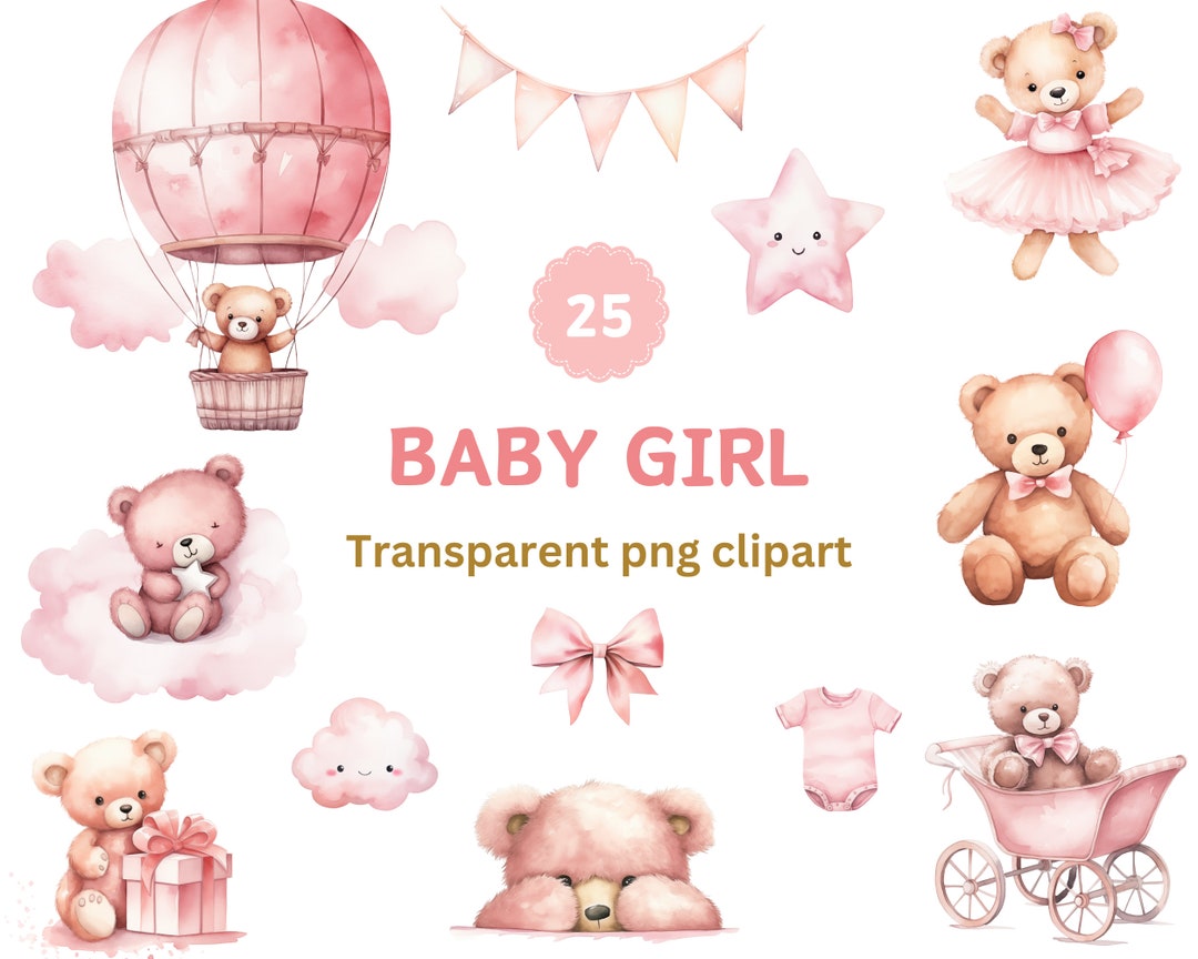 Watercolor Teddy Bear Clipart Baby Shower for a Girl 25 - Etsy
