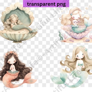 Cute Watercolor Mermaid Clipart Bundle | Cute Mermaids PNG | Cute ...