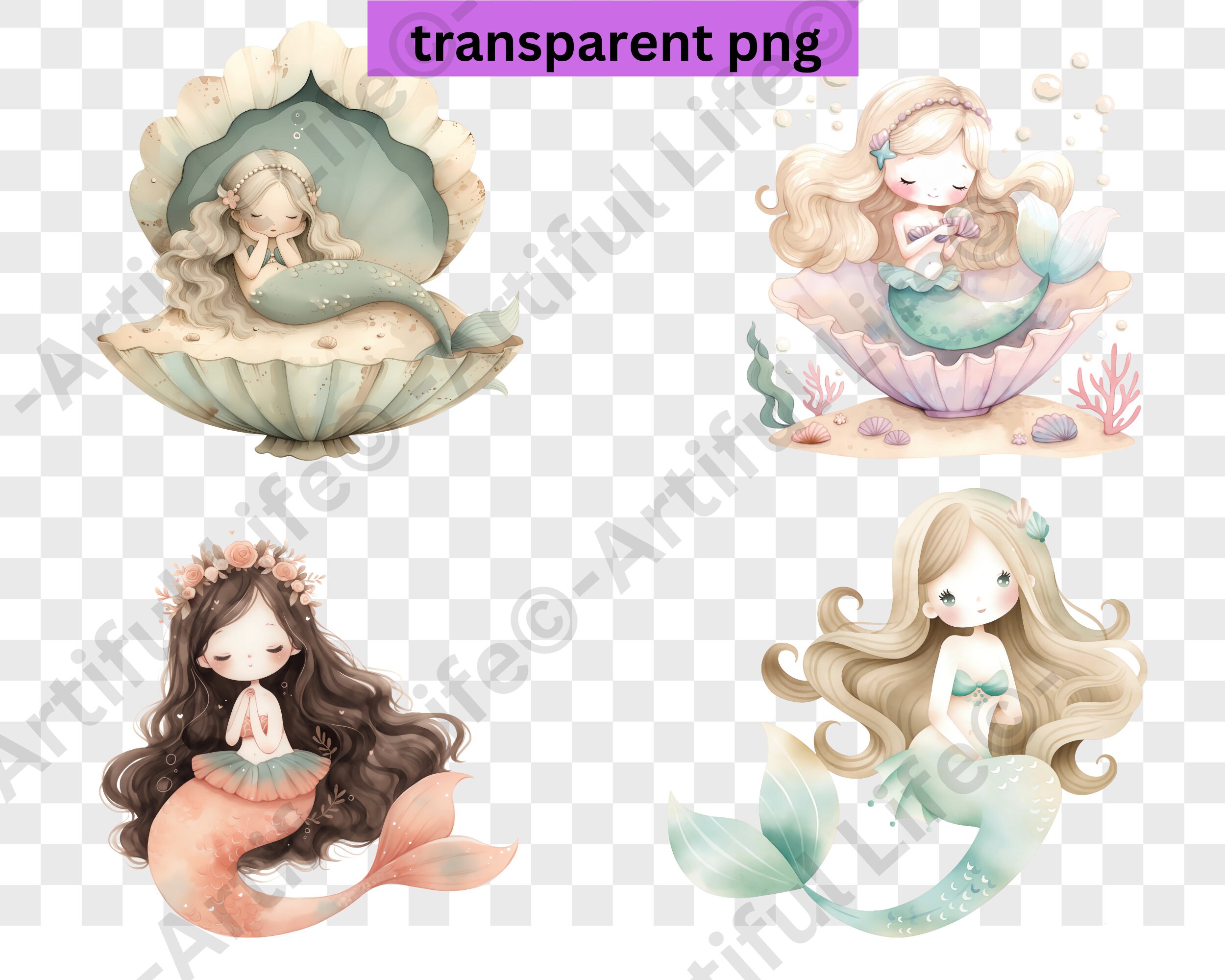 Cute Watercolor Mermaid Clipart Bundle | Cute Mermaids PNG | Cute ...