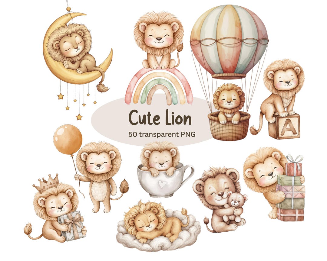 Watercolor Cute Lion Clipart PNG | Lion Nursery Clipart | Beige Neutral ...