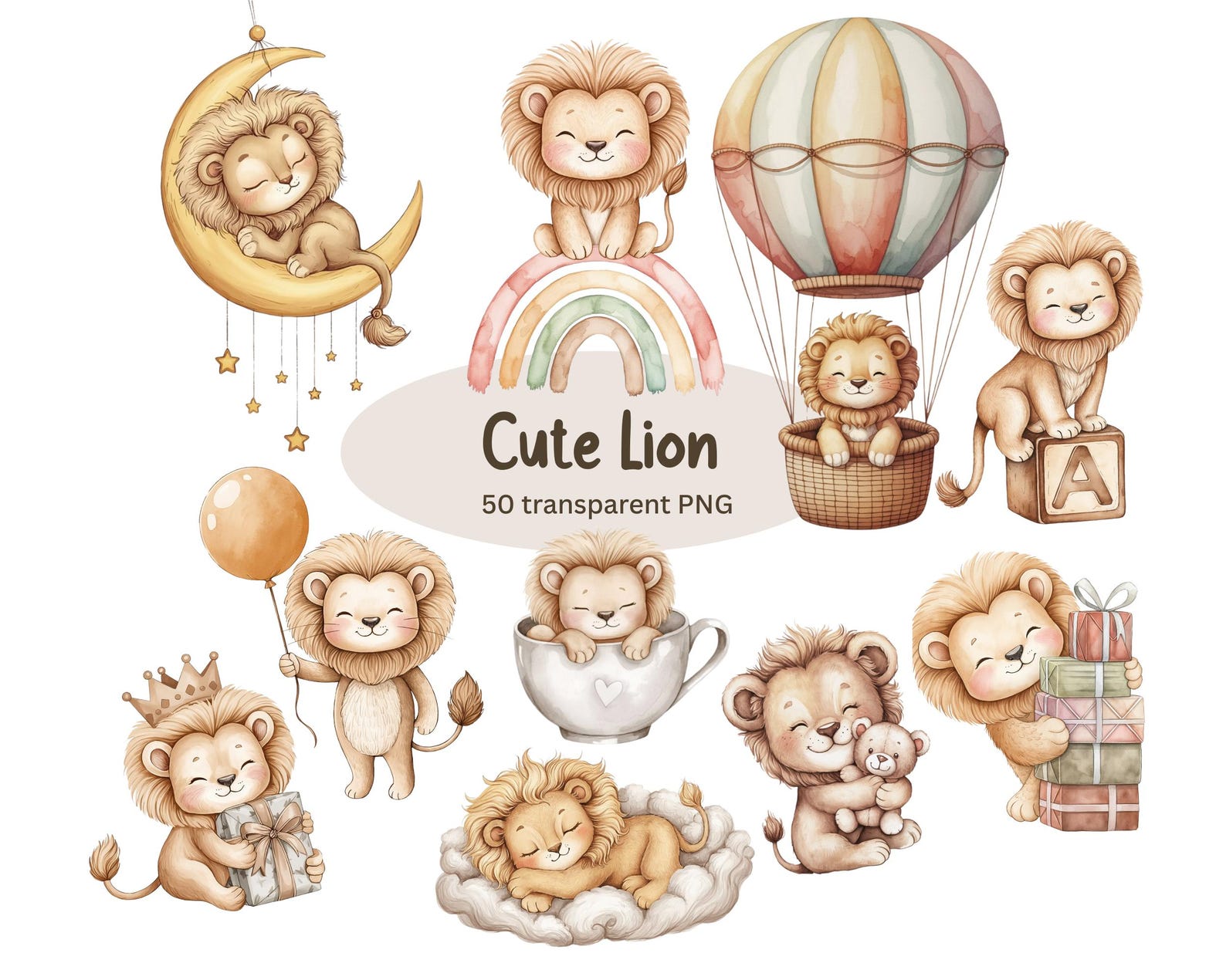 Watercolor Cute Lion Clipart PNG | Lion Nursery Clipart | Beige Neutral ...