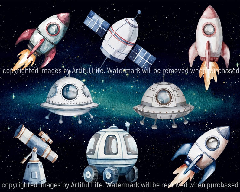 Space Watercolor Clipart | Cute Astronauts | Planets | Rockets | Space ...