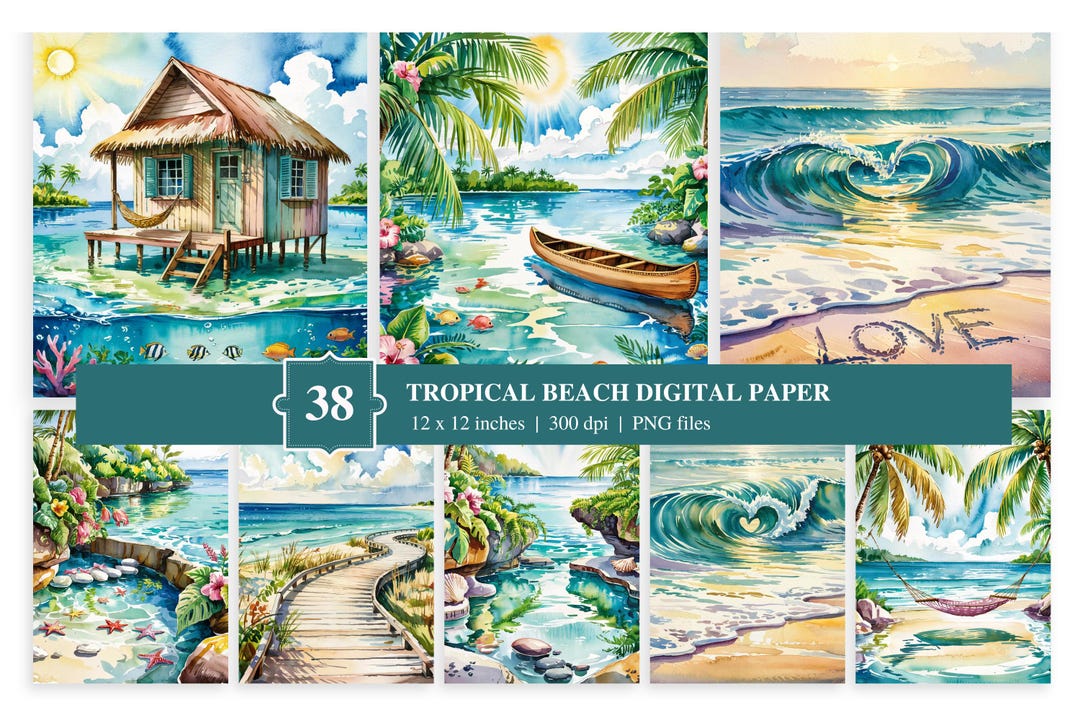 38 Beach Digital Paper Pack | Watercolor Tropical Beach | Watercolor ...
