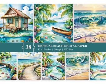 12 Beach Digital Paper Pack | Watercolor Purple Sunset Beach ...