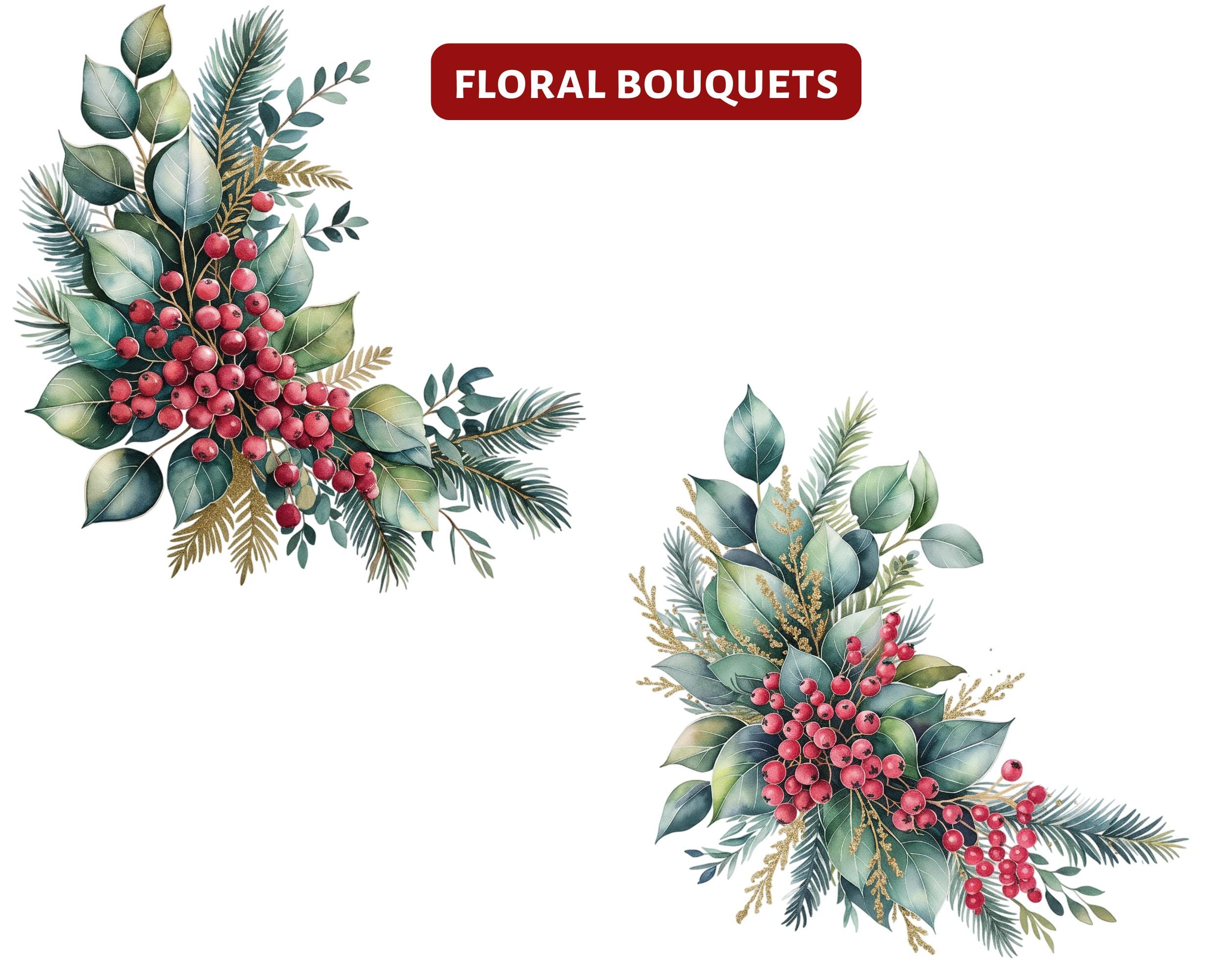 80 Watercolor Christmas Floral Clipart PNG | Christmas Bouquet Clipart ...