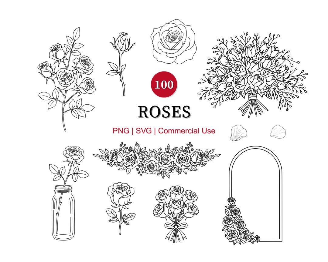 100 Rose Flower Bundle SVG PNG Clipart| Hand Drawn Roses Vectors ...