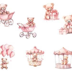 Watercolor Teddy Bear Clipart | Baby Shower for a Girl | 37 Transparent ...