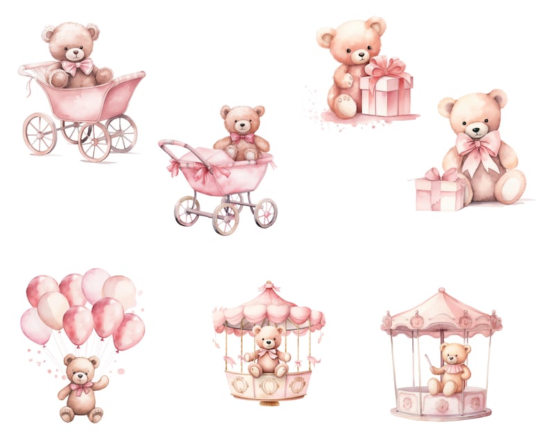 Watercolor Teddy Bear Clipart | Baby Shower for a Girl | 37 Transparent ...