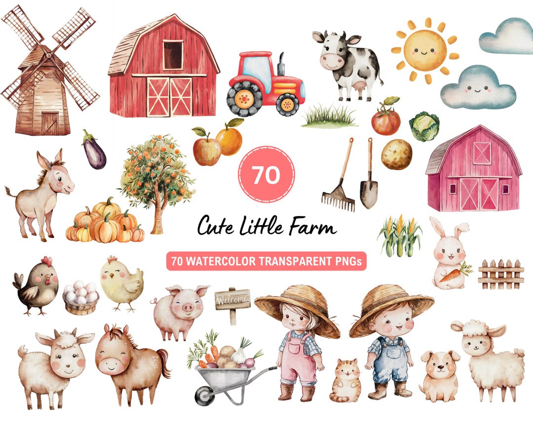 Cute Farm Clipart | Watercolor Farm Animals | Digital Download | Farm ...