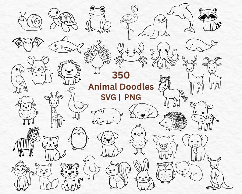 350 Animal Doodle SVG PNG Bundle | Cute Dogs Cats Safari Farm Sea ...