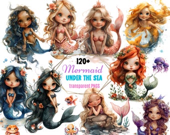 Mermaid Clipart Watercolor Cute Mermaid Png Under the Sea Ocean Animals Clipart Watercolor ...