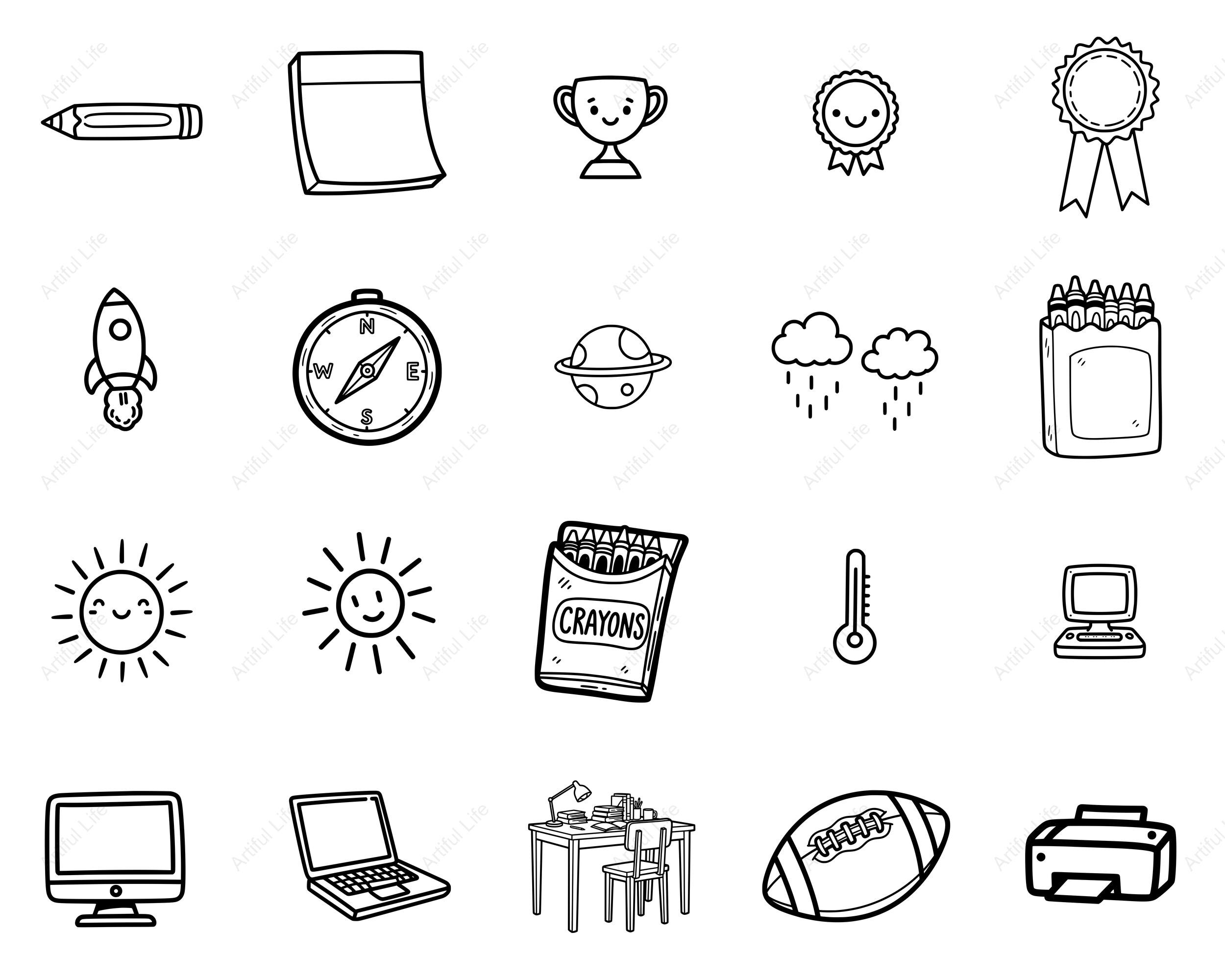 190 Back to School Doodle Clipart SVG PNG | Cute School Clipart | Black ...