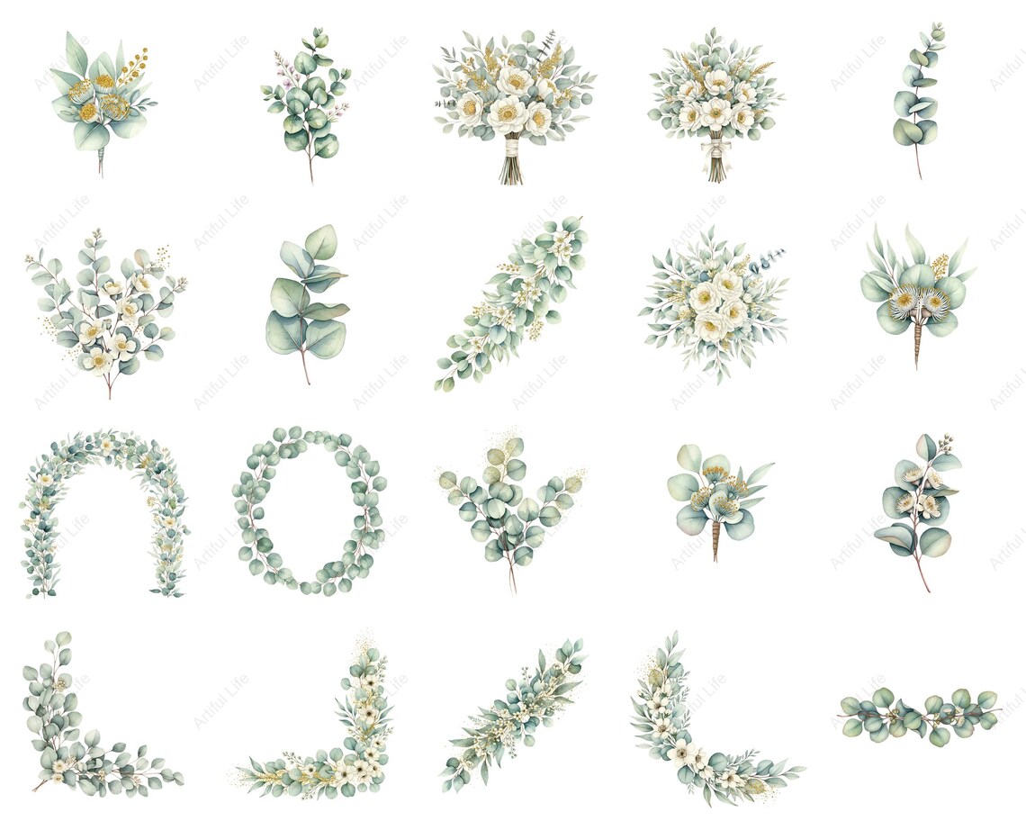 130 PNG Gold Glitter Watercolor Eucalyptus Clipart Bundle | Eucalyptus ...