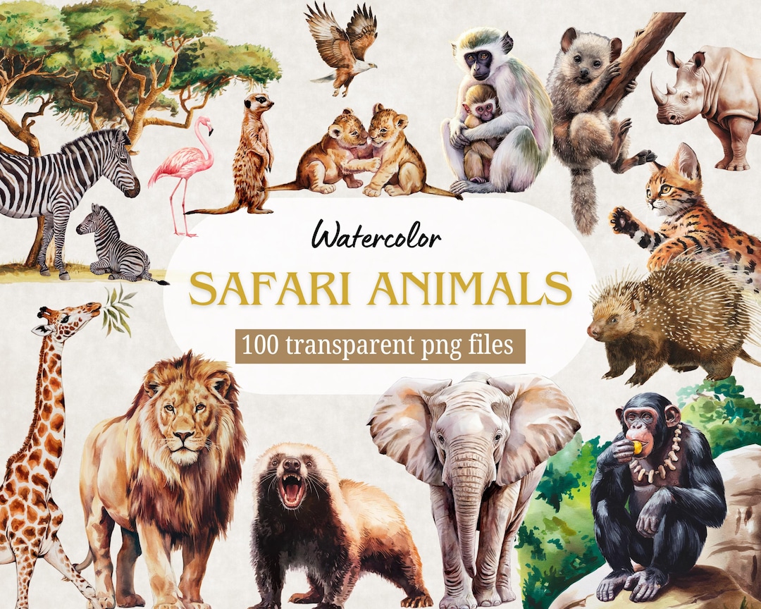 Watercolor Safari Animals Clipart Bundle | Digital Download | 100 ...