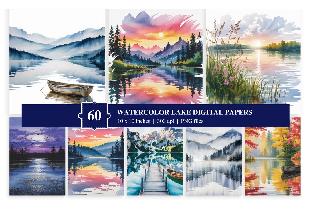 60 Lake Landscape Digital Paper PNG | Watercolor River View Printable ...