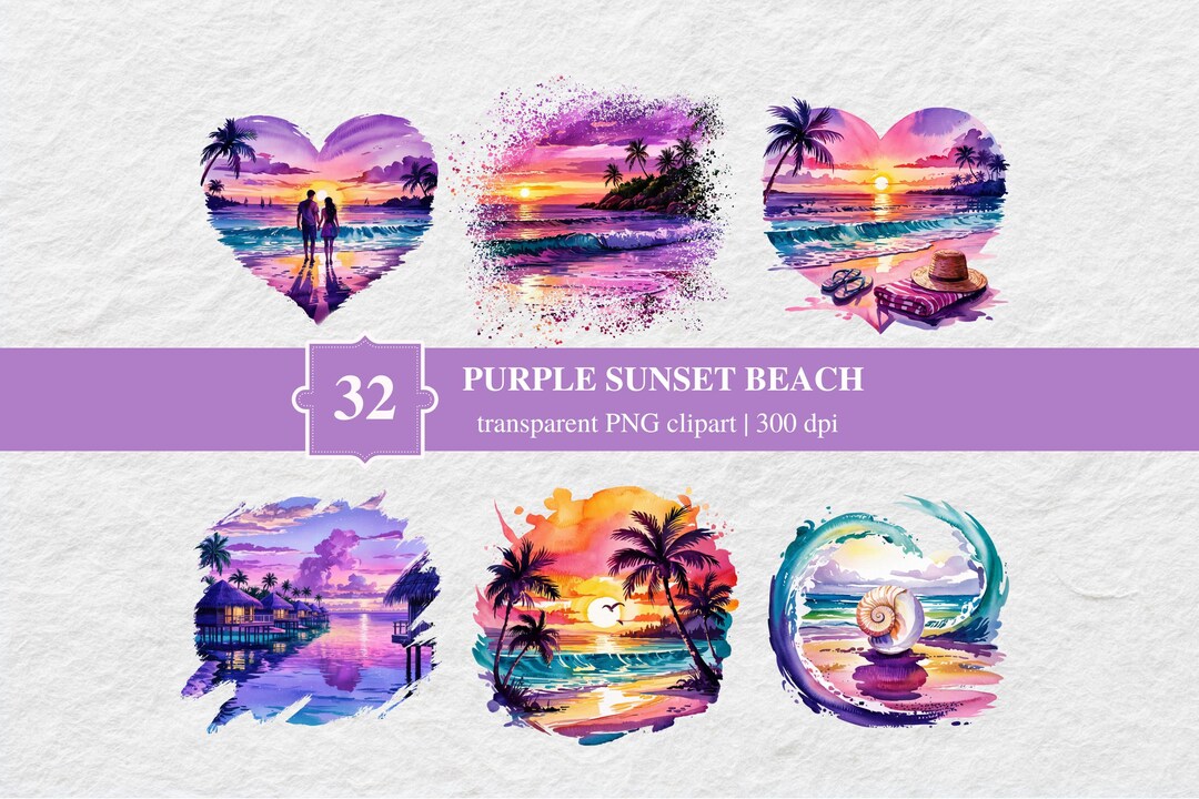 32 Watercolor Purple Sunset Beach Clipart Bundle | Sea View Clipart ...