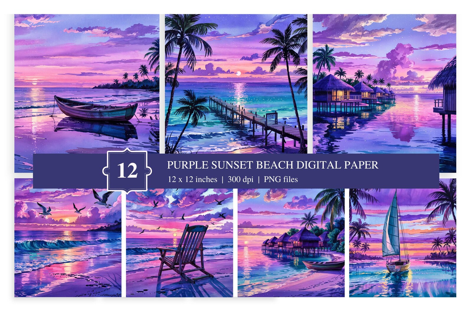 12 Beach Digital Paper Pack | Watercolor Purple Sunset Beach ...