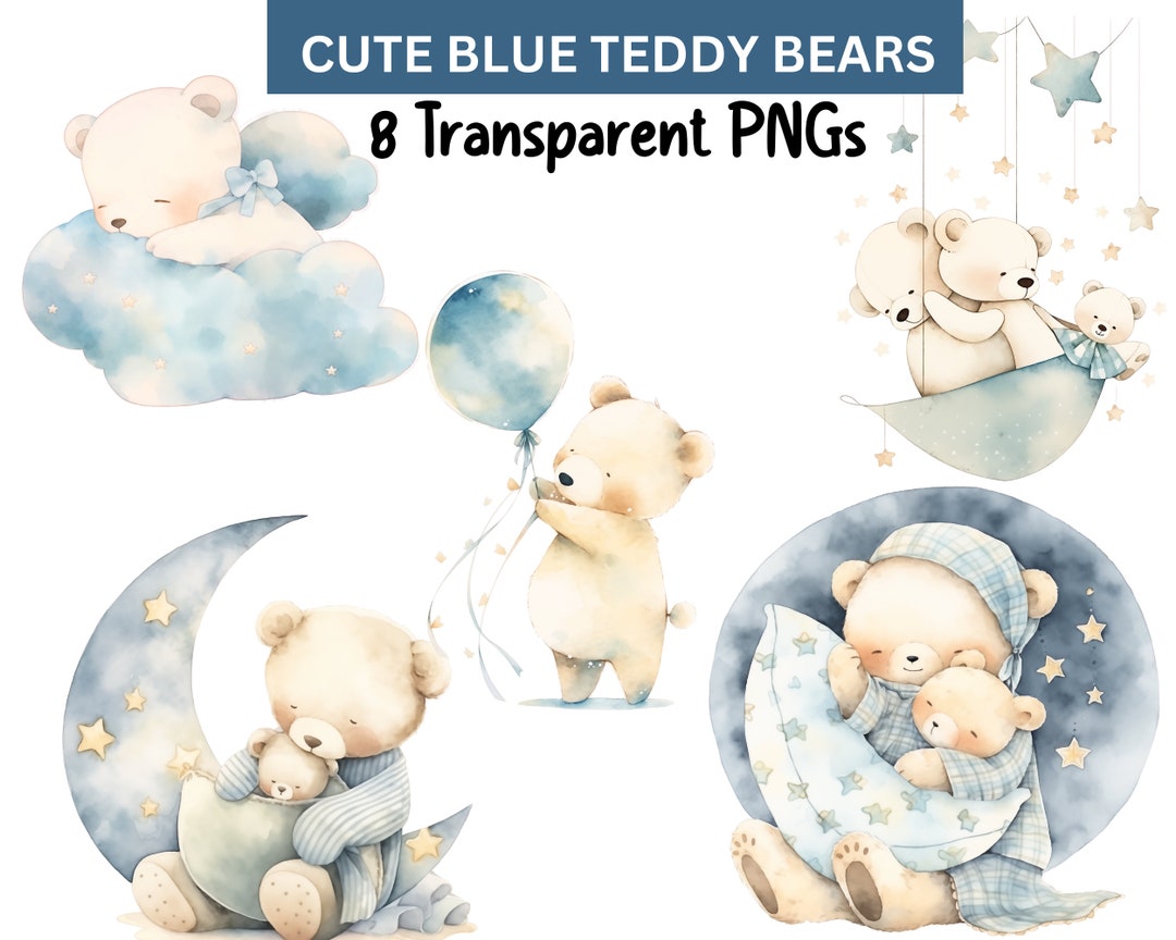 Cutest Blue Teddy Bear Clipart | Baby Shower for a Boy | 8 Transparent ...