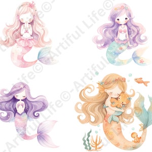 Cute Watercolor Mermaid Clipart Bundle | Cute Mermaids PNG | Cute ...