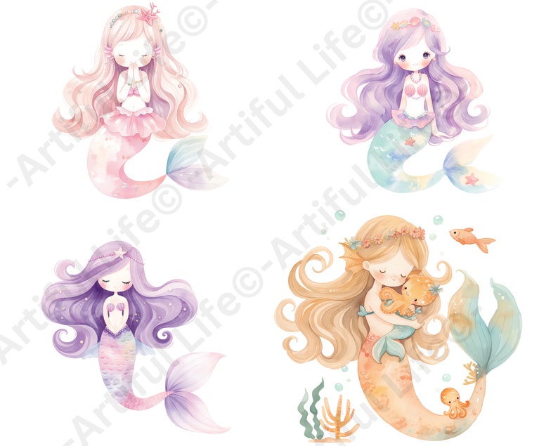 Cute Watercolor Mermaid Clipart Bundle | Cute Mermaids PNG | Cute ...
