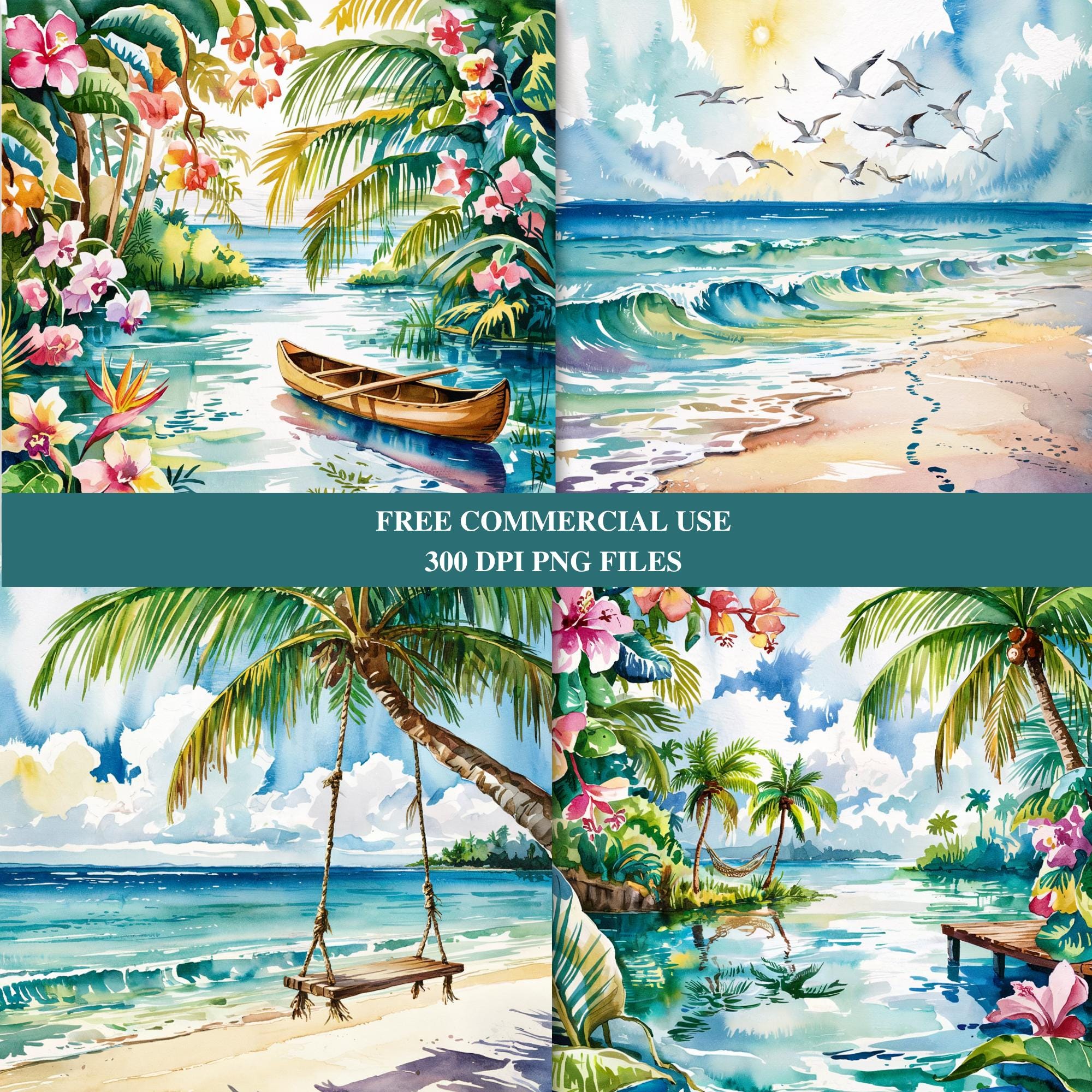 38 Beach Digital Paper Pack | Watercolor Tropical Beach | Watercolor ...