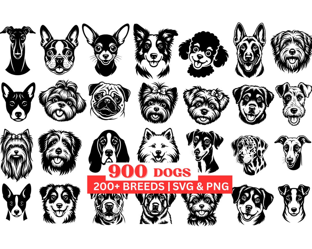 Paquete SVG de 900 cabezas de perro / Más de 200 razas de perros ...