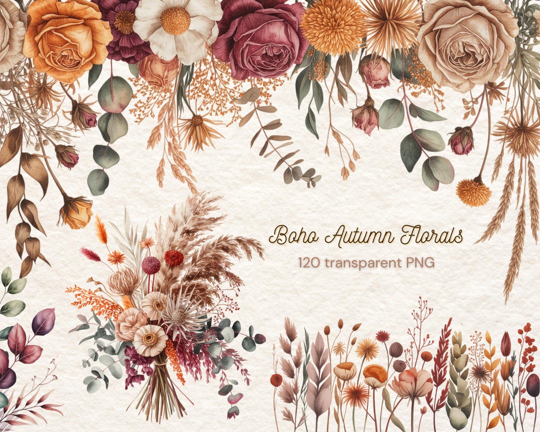 120 Autumn Floral Clipart PNG | Boho Floral Clipart | Wildflowers ...