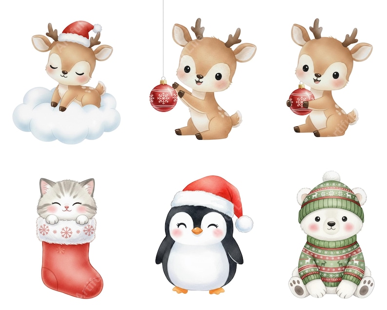 Watercolor Cute Christmas Clipart PNG | Kawaii Christmas Clipart ...