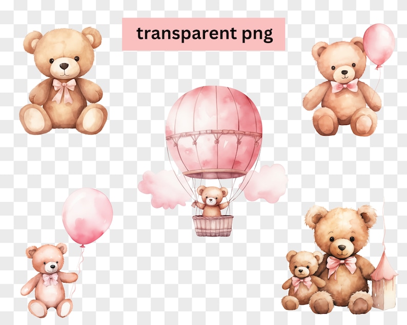 Watercolor Teddy Bear Clipart | Baby Shower for a Girl | 37 Transparent ...